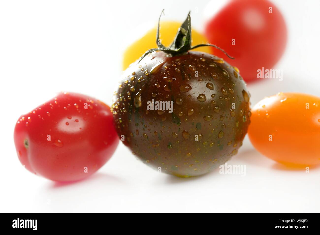 Little cherry varied multi color tomatoes, at studio, white background ...