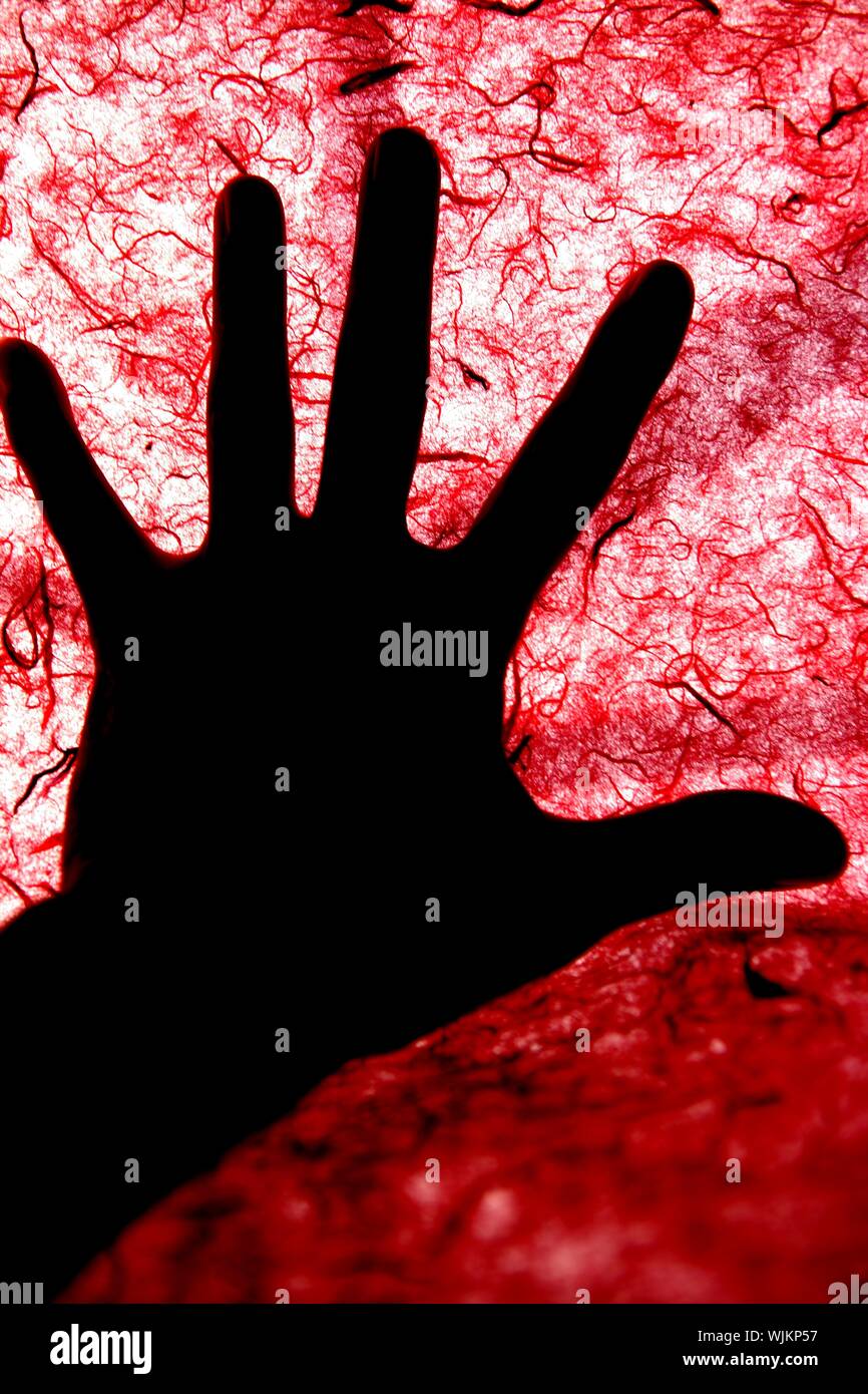 Backlight of human hand over red textured surface, bloody Stock Photo ...