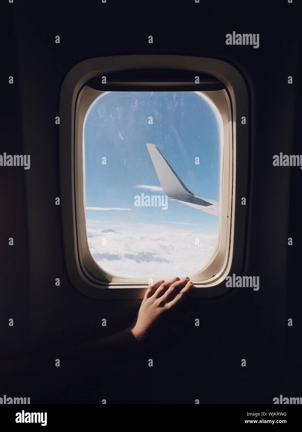 Human hand on airplane window hi-res stock photography and images - Alamy