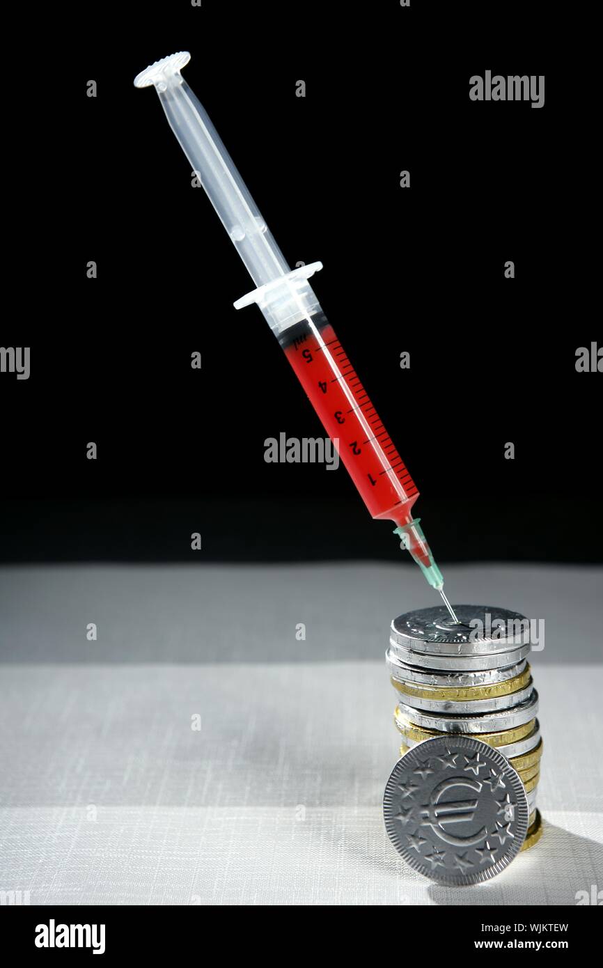 Euro currency syringe injection. Bank crisis financial credit metaphor ...