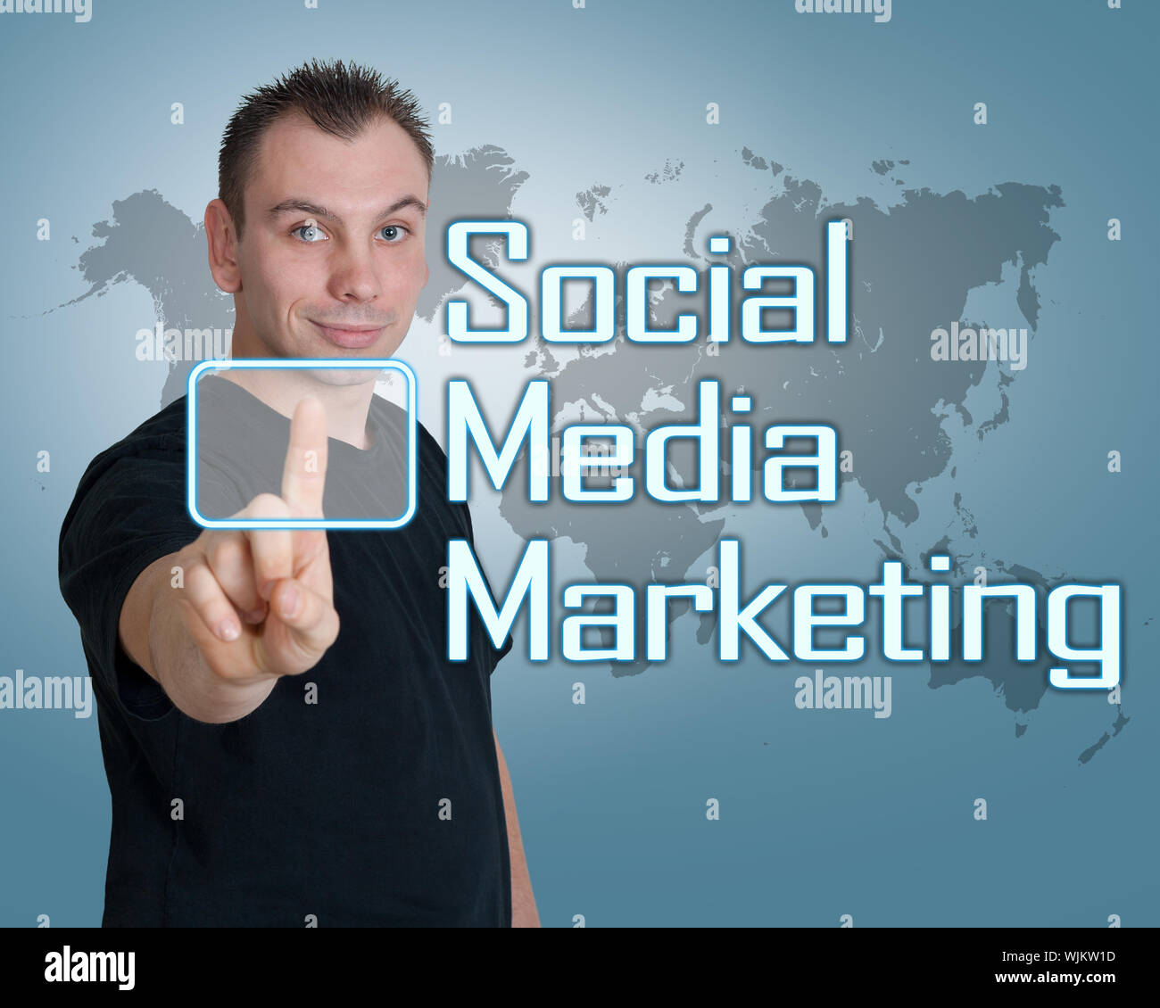 Young man press digital Social Media Marketing button on interface in ...