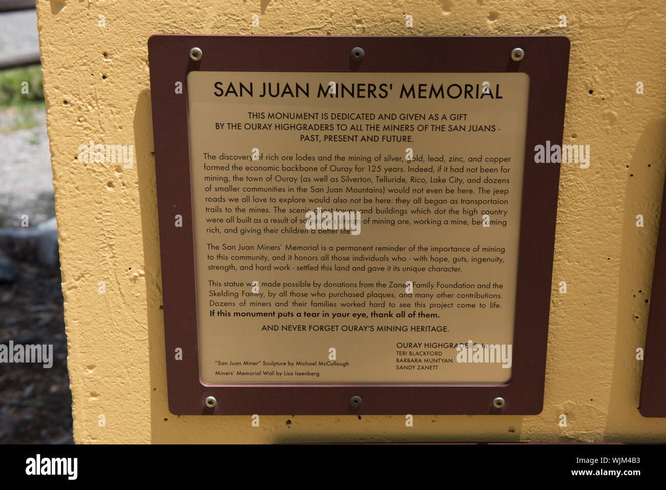 Historical plaque for San Juan Miners' Memorial, Ouray, Colorado Stock ...