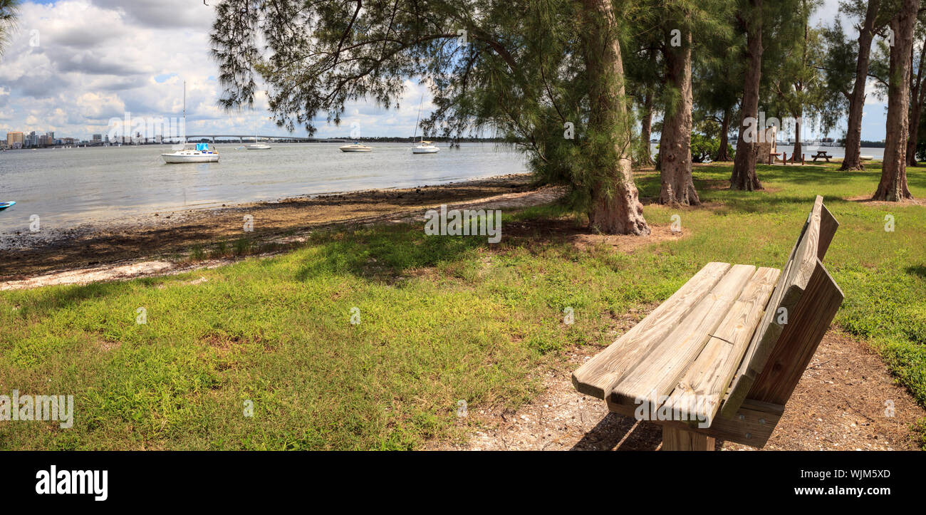 Bench view of Boats at the Ken Thompson park in Sarasota, Florida Stock ...