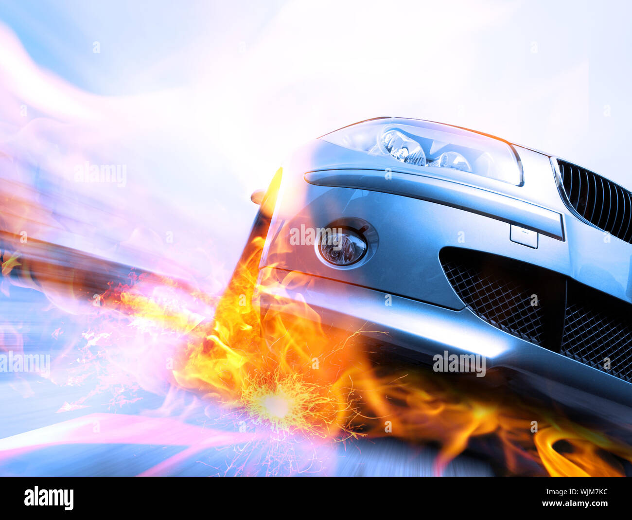 Fast car moving with motion blur with fire burning tires Stock Photo ...