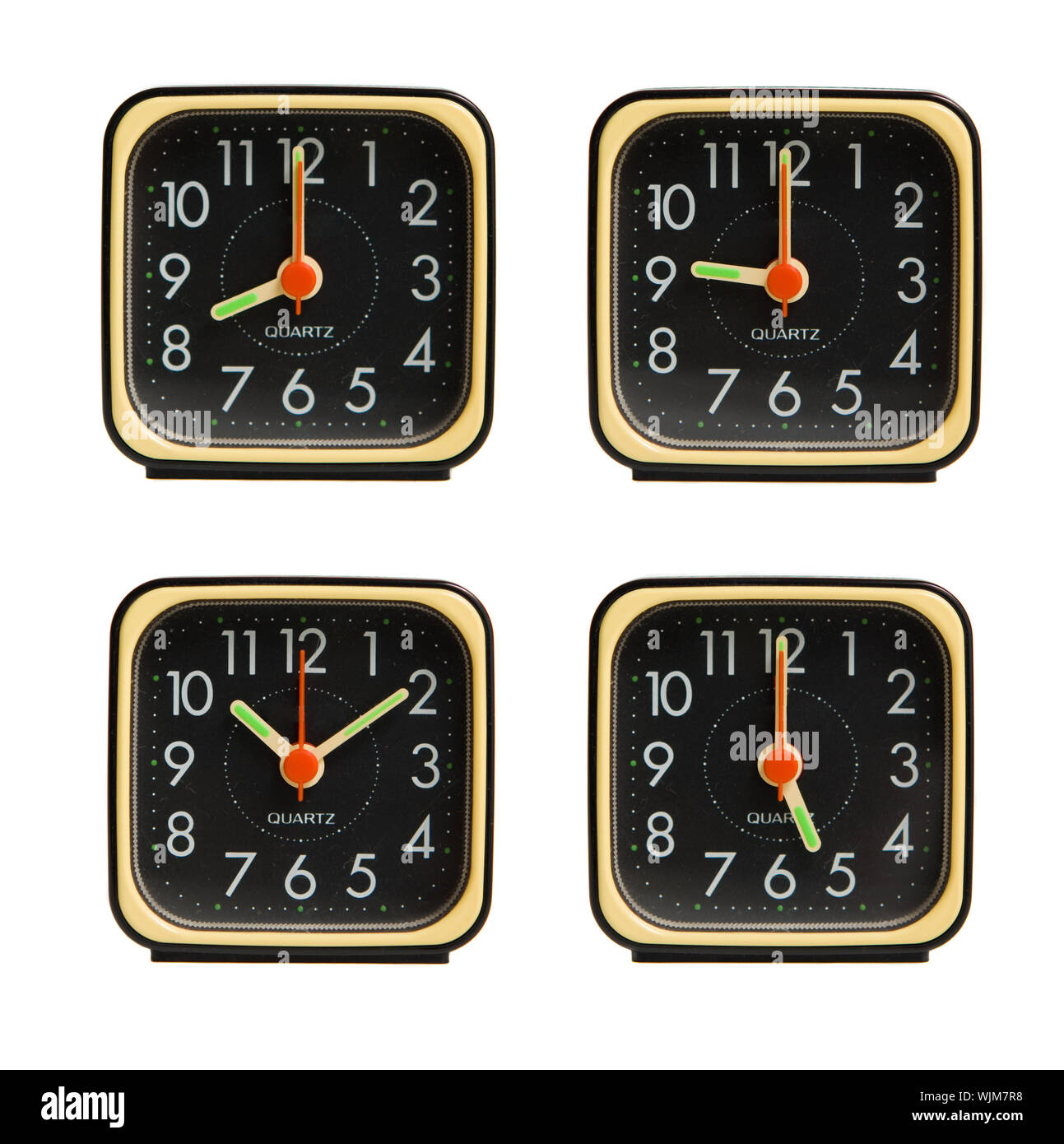 Set of small clocks showing various time, typical hours of a work day ...