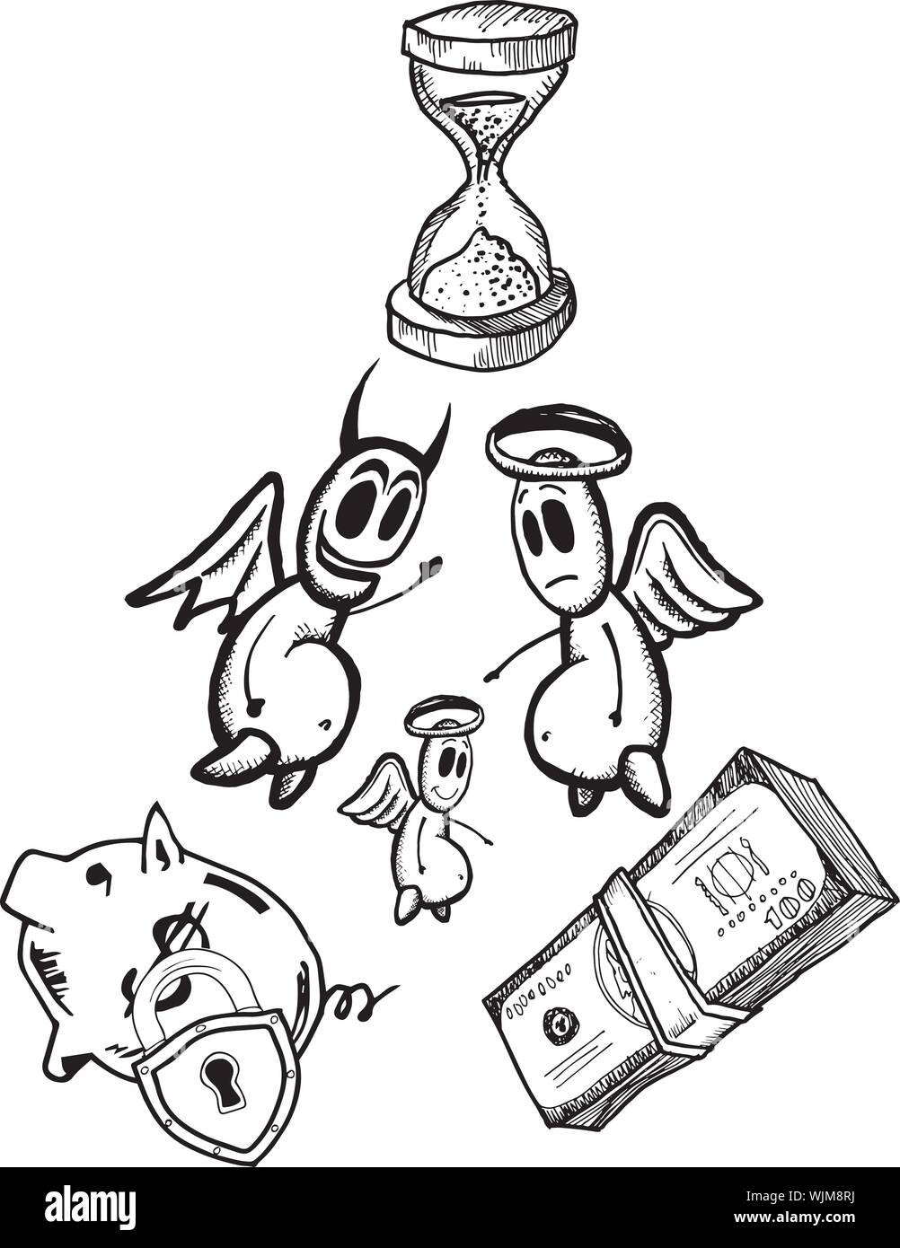 Savings concept illustrations with angel and devil on white background ...