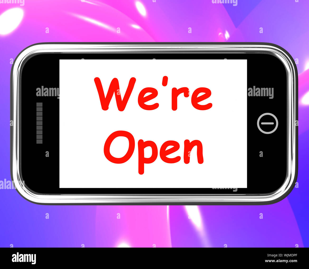 We're Open On Phone Showing New Store Launch Stock Photo - Alamy