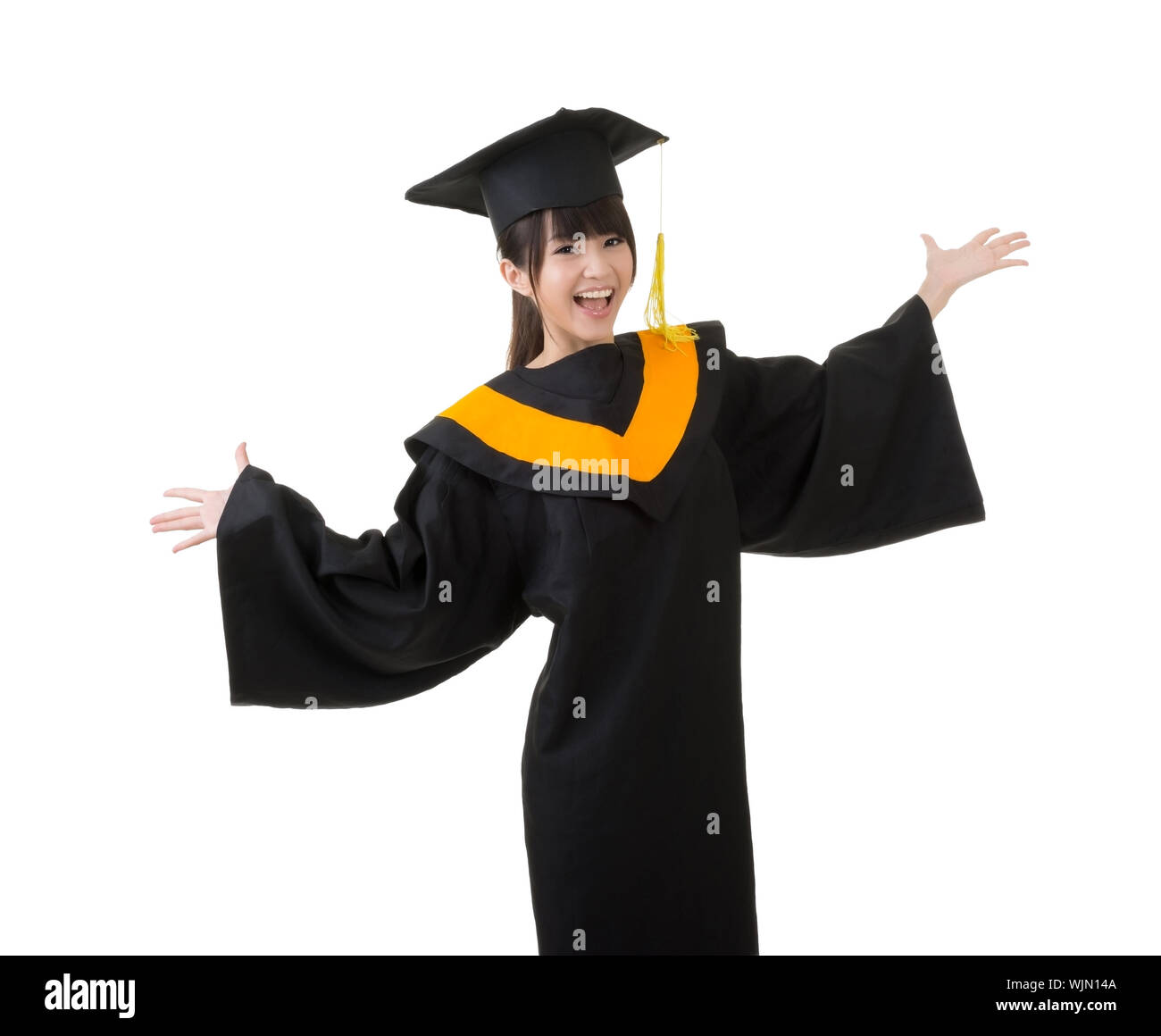 Happy smiling young asian graduation woman. Isolated on white ...