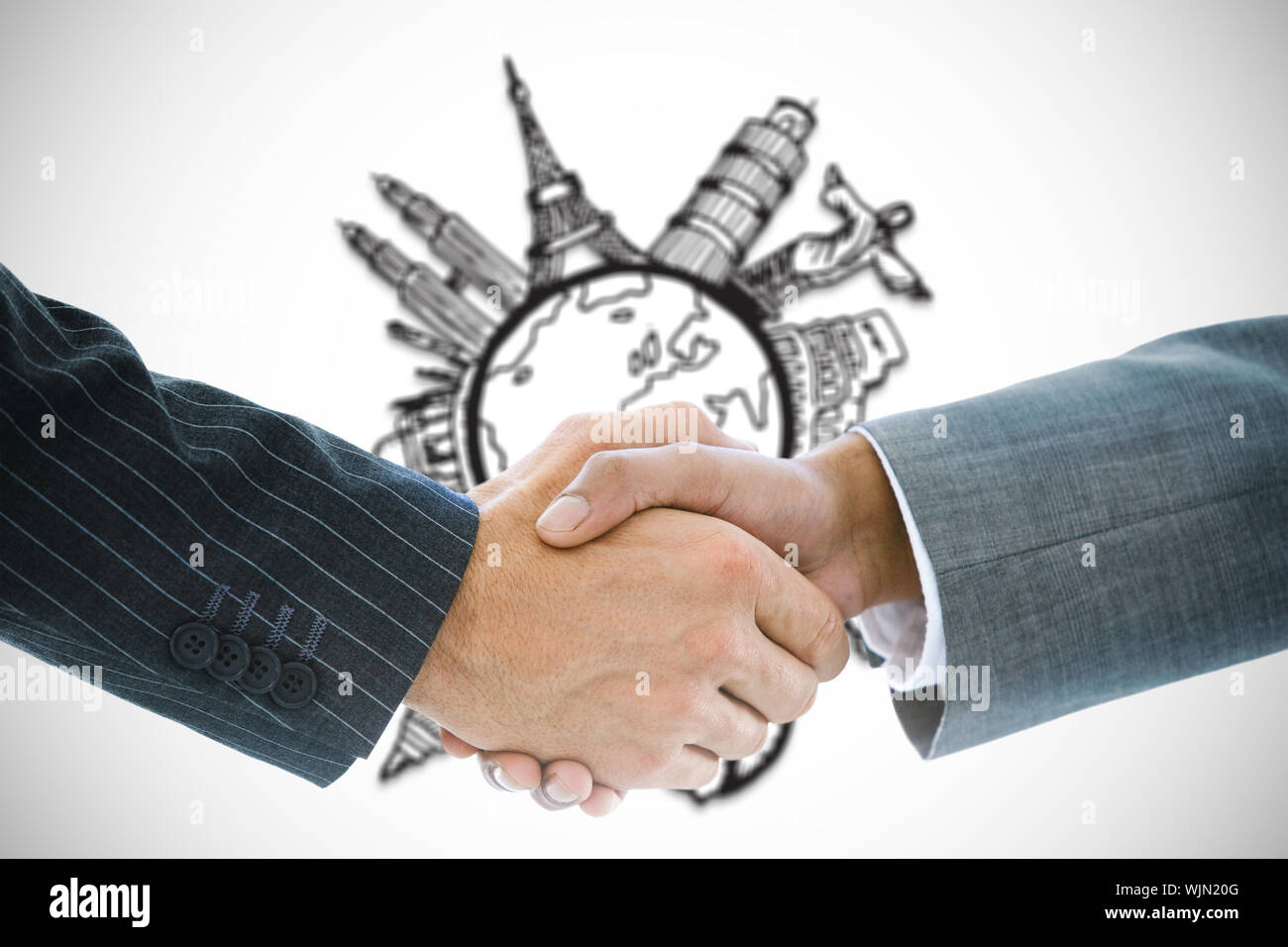 Composite image of business handshake against futuristic earth floating ...