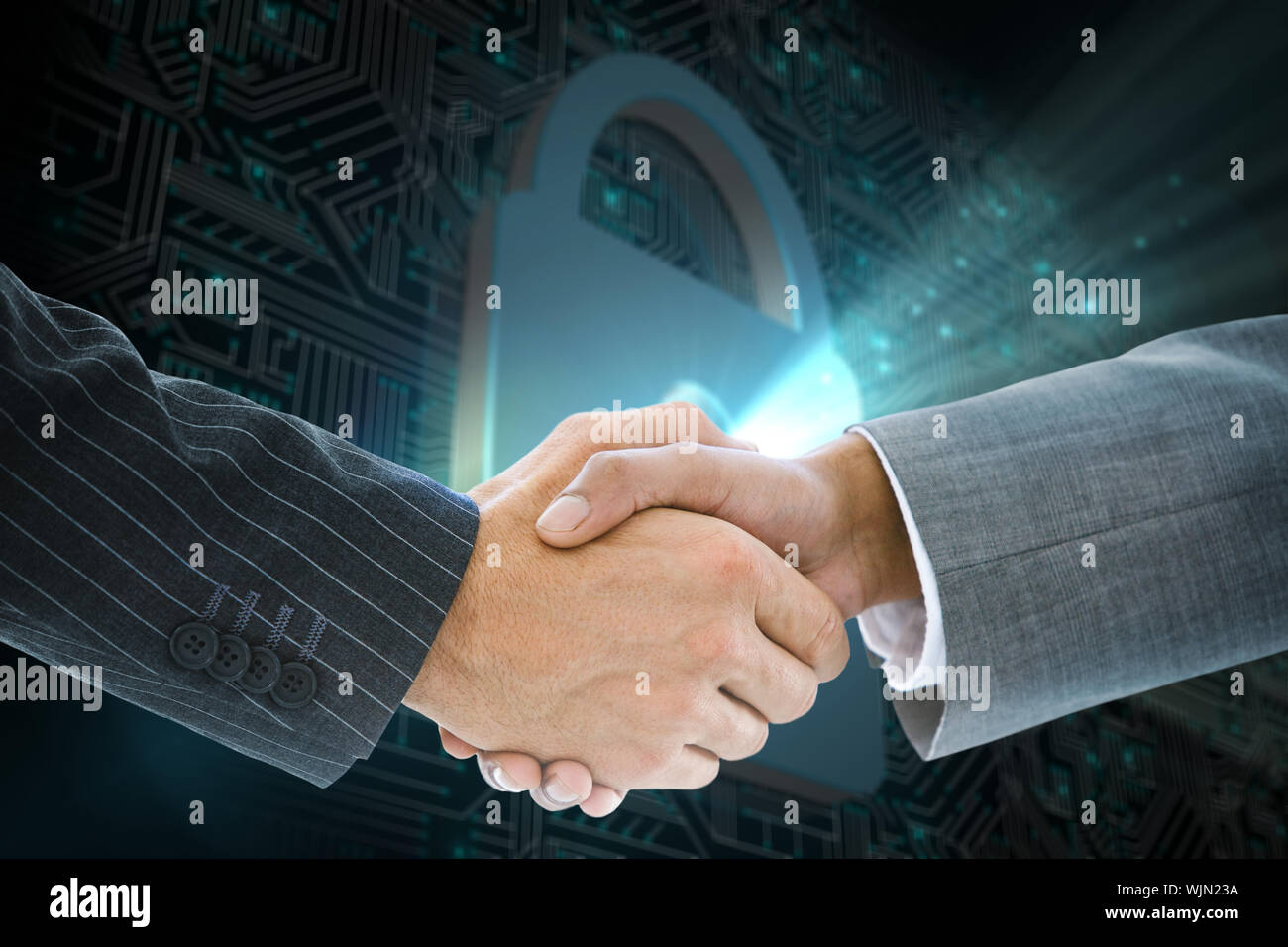 Composite image of business handshake against shiny lock on black ...