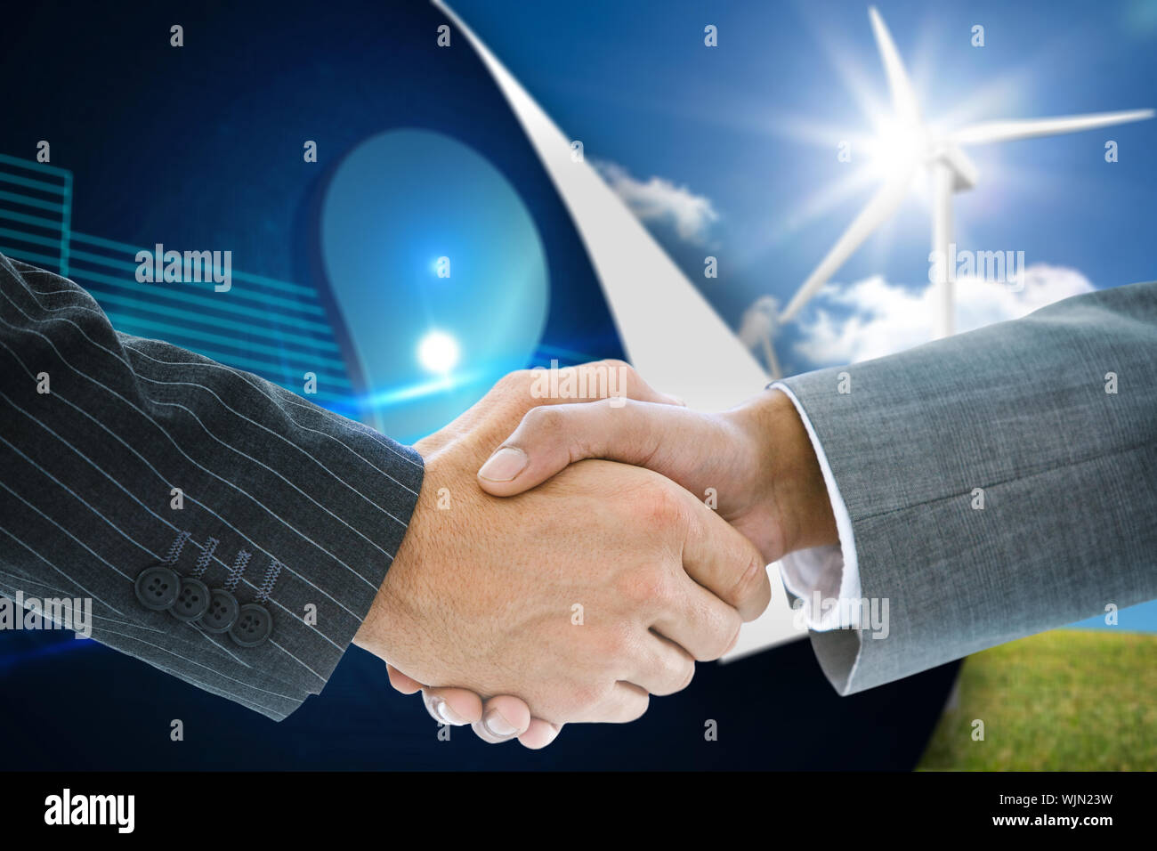 Composite image of business handshake against futuristic earth floating ...