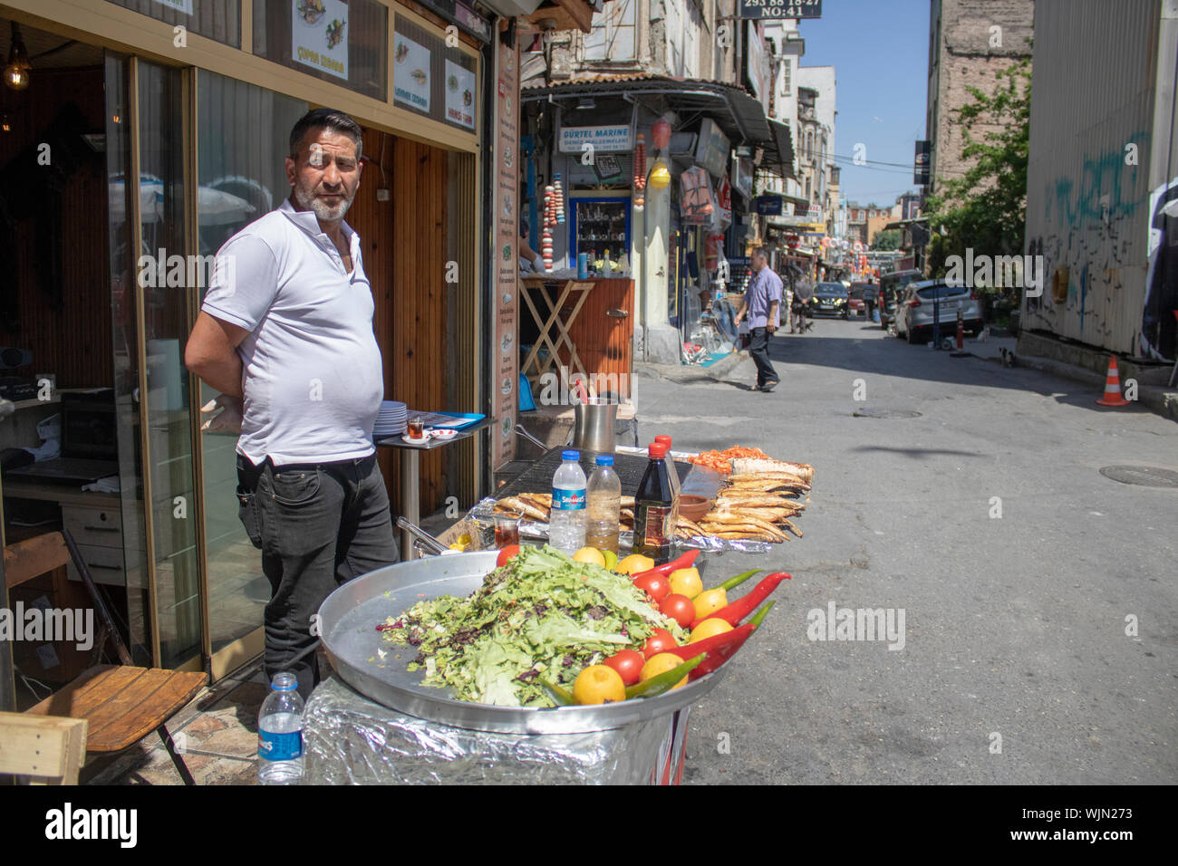 Istanbul, Turkey -July 10, 2019: Fast food selling grilled fish ...