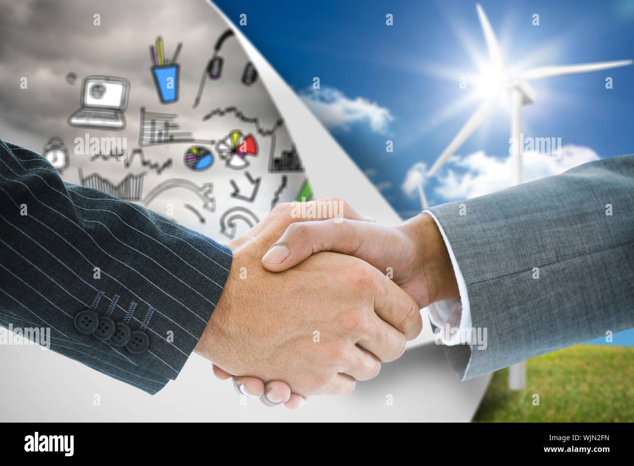 Composite image of business handshake against arrow door in dark room ...