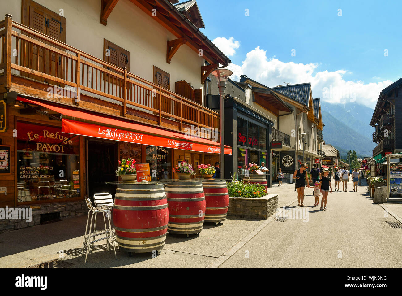 Street view of the centre of Chamonix-Mont-Blanc with the exterior of a ...