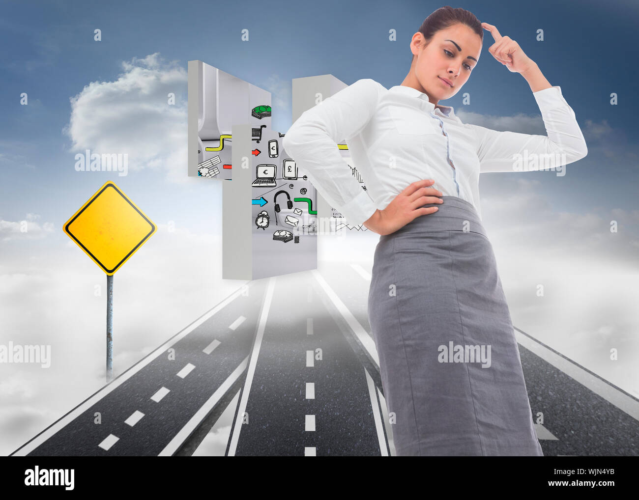 Thinking businesswoman against road over clouds with road signs on it ...