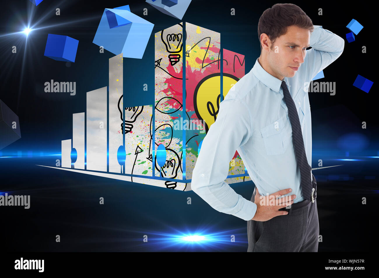 Thinking businessman scratching head against boxes on technical ...