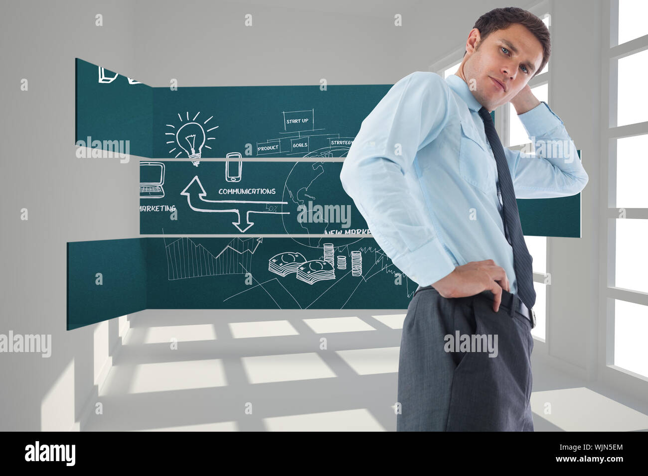 Thinking businessman with hand on head against white room with windows ...