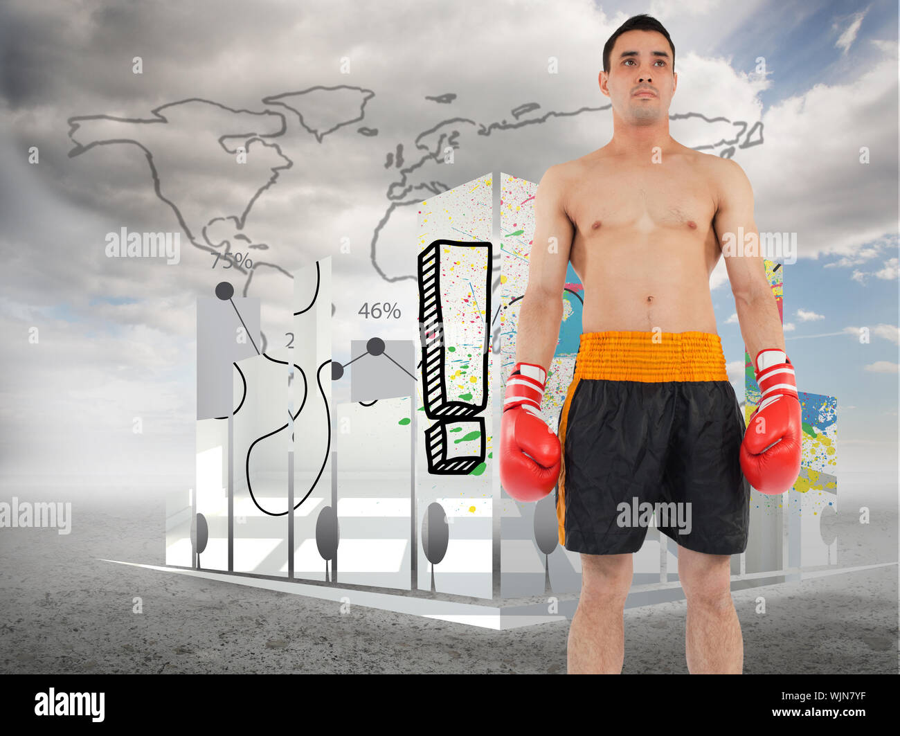 Boxer standing against global statistic on sky background Stock Photo ...