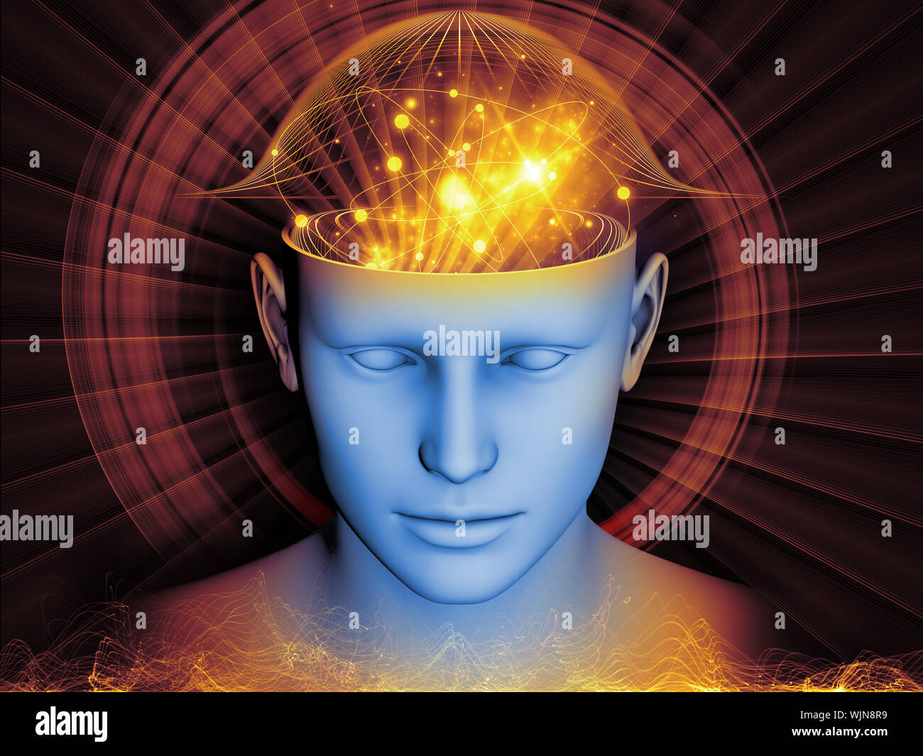 Design made of human head and symbolic elements to serve as backdrop ...