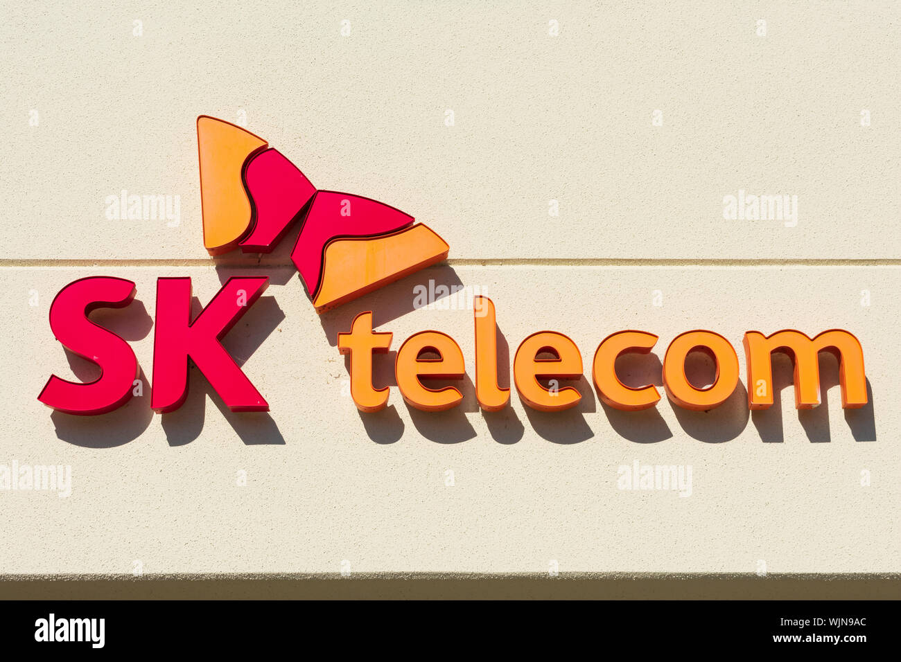 SK Telecom sign at the Korean telecom company office in Silicon Valley ...
