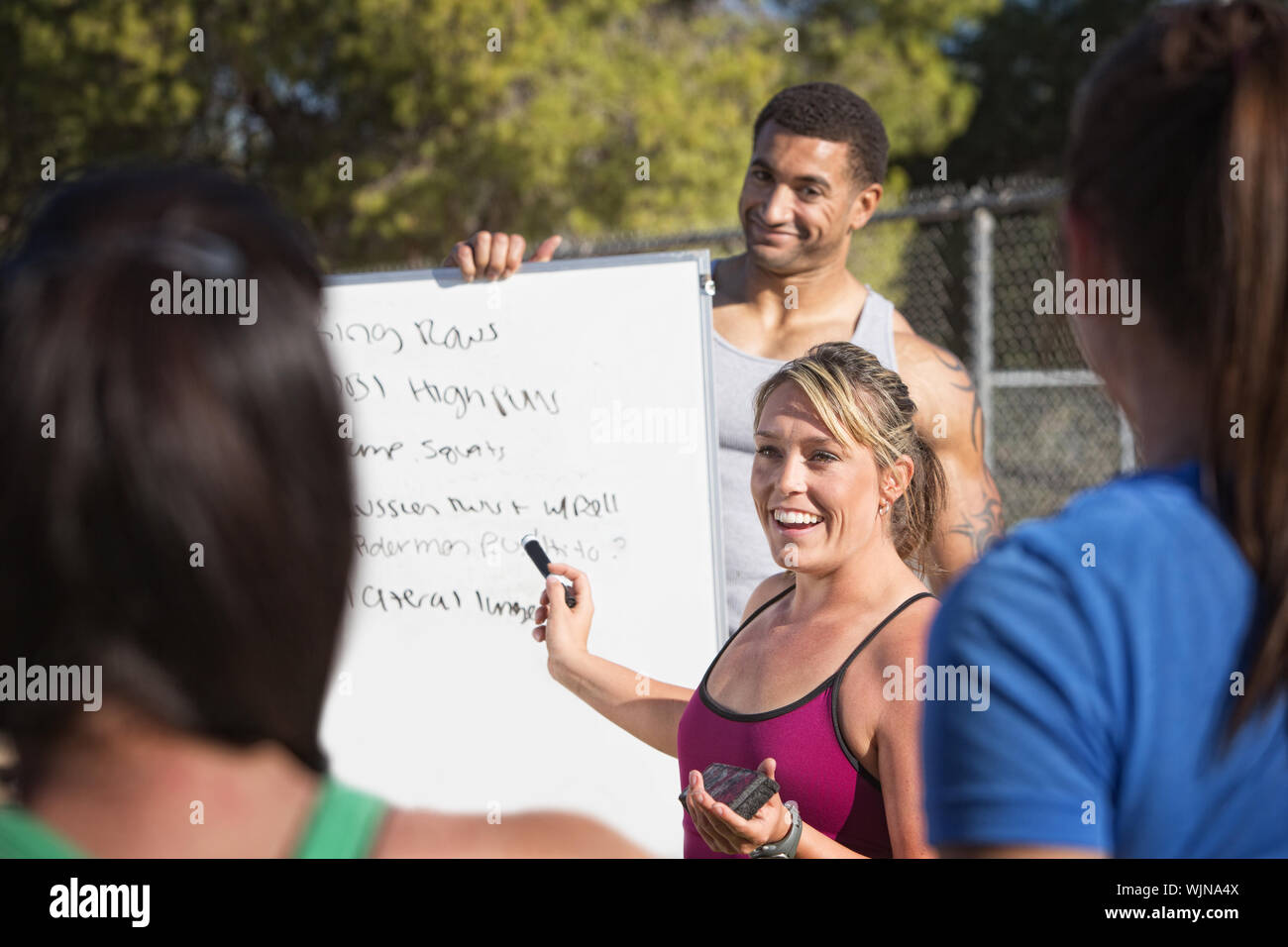 Exercise instructors explaining a workout with white board Stock Photo ...