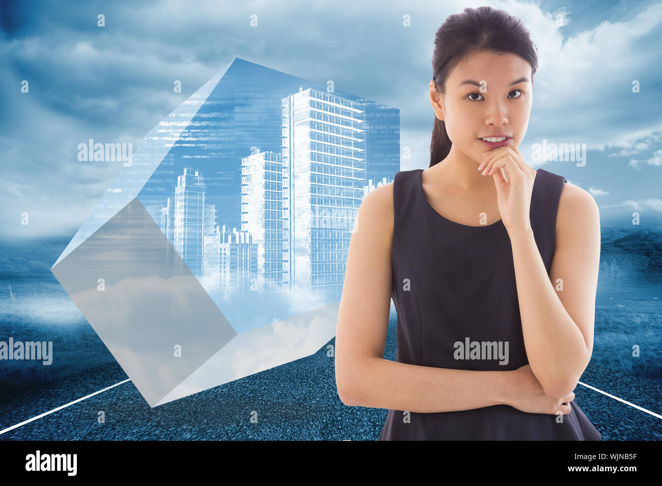Thoughtful asian businesswoman against cloudy landscape background with ...
