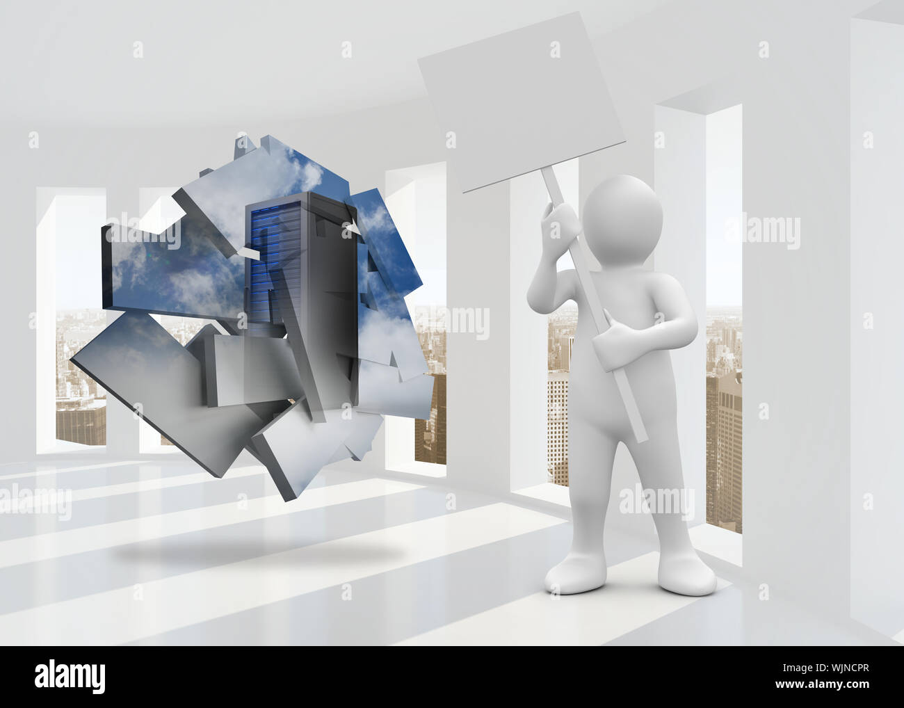 White character holding placard against bright white room with windows ...