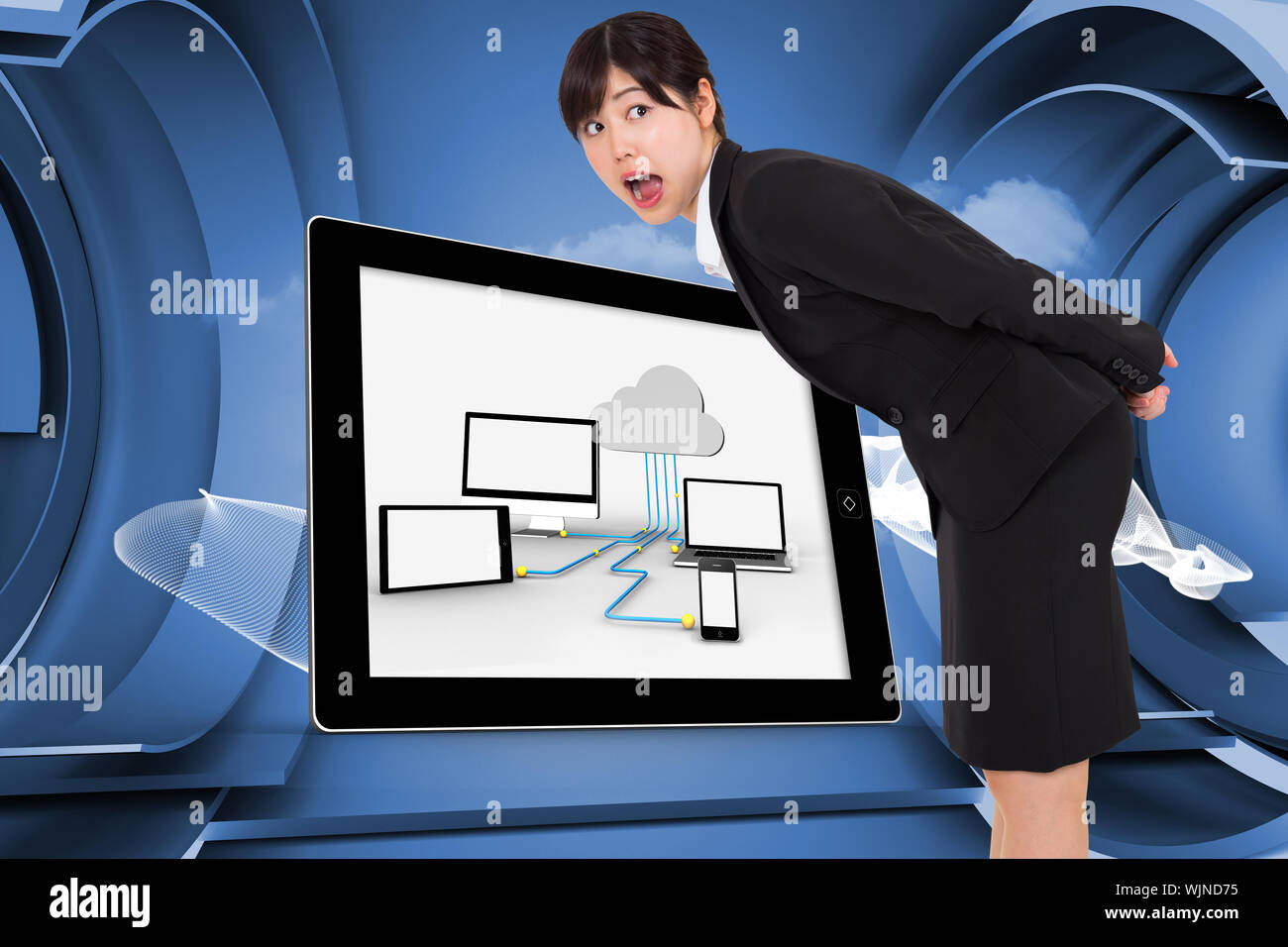 Surprised businesswoman bending against white cloud design on a ...