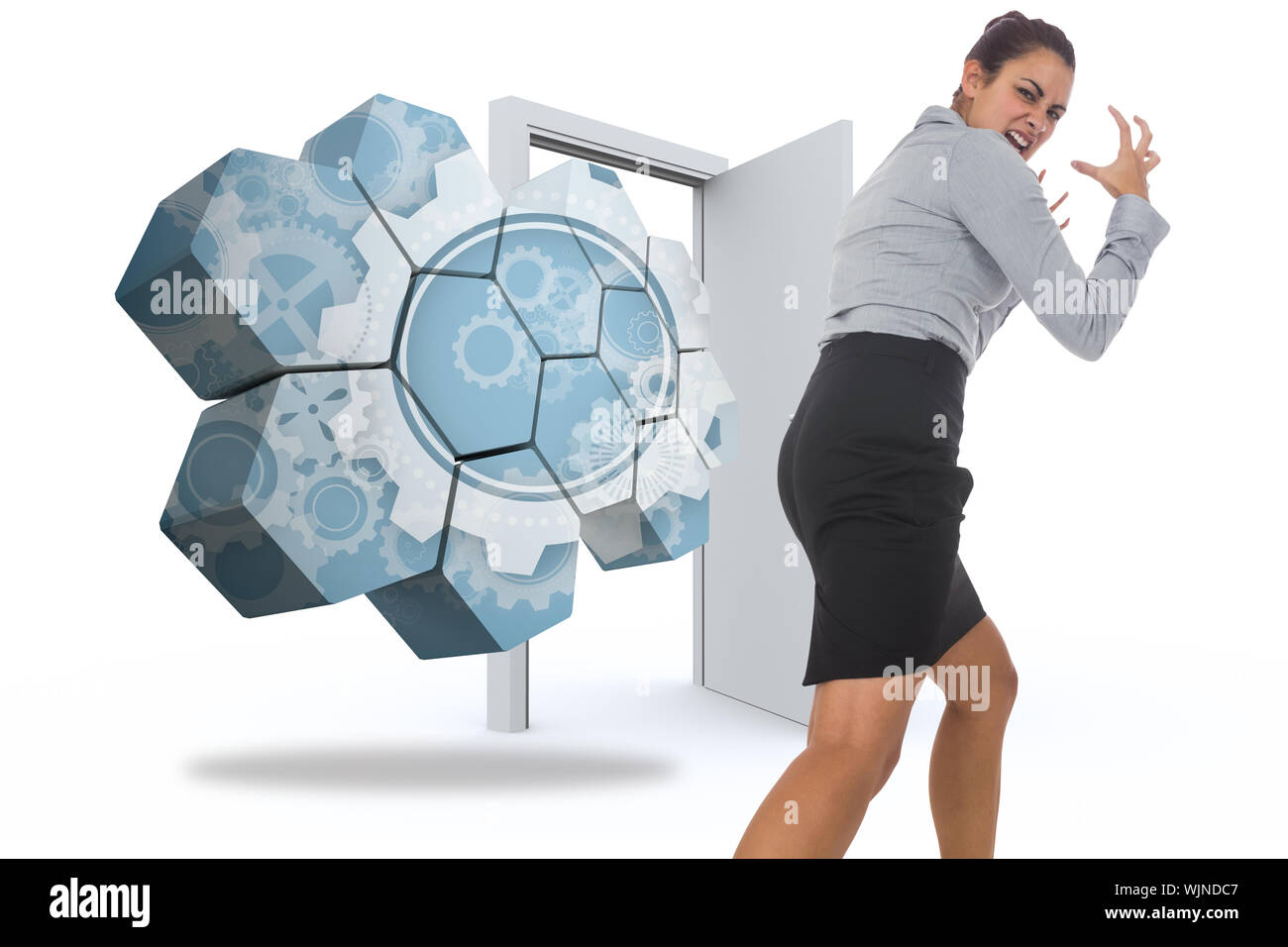 Furious businesswoman gesturing against open door in sky Stock Photo ...