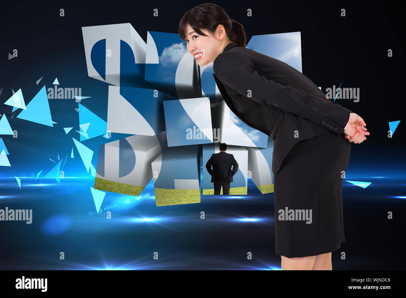 Smiling businesswoman bending against small pyramids on technical ...