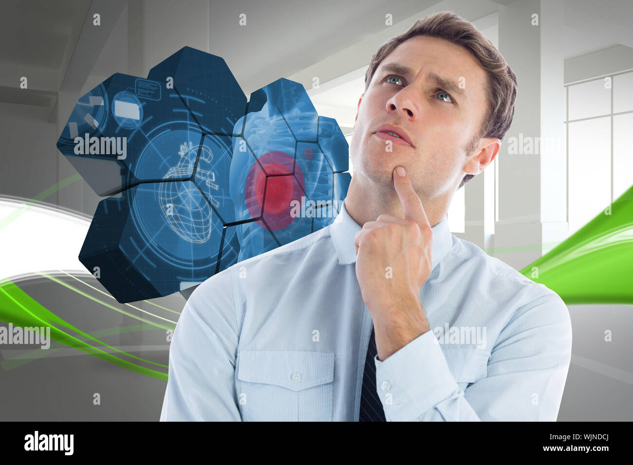 Thinking businessman with finger on chin against abstract white and ...