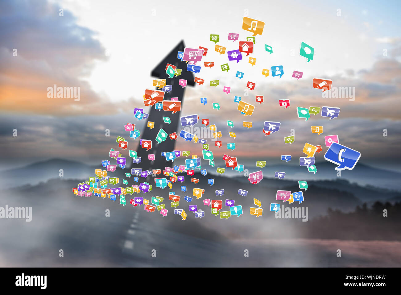 Colourful computer applications against road turning into arrow Stock ...
