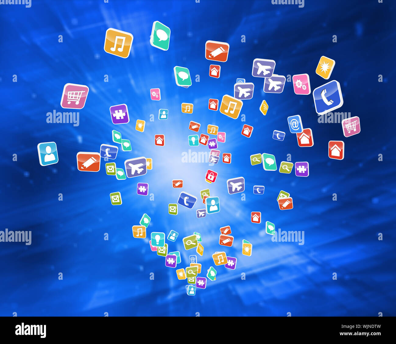 Colourful computer applications against abstract blue squares Stock ...