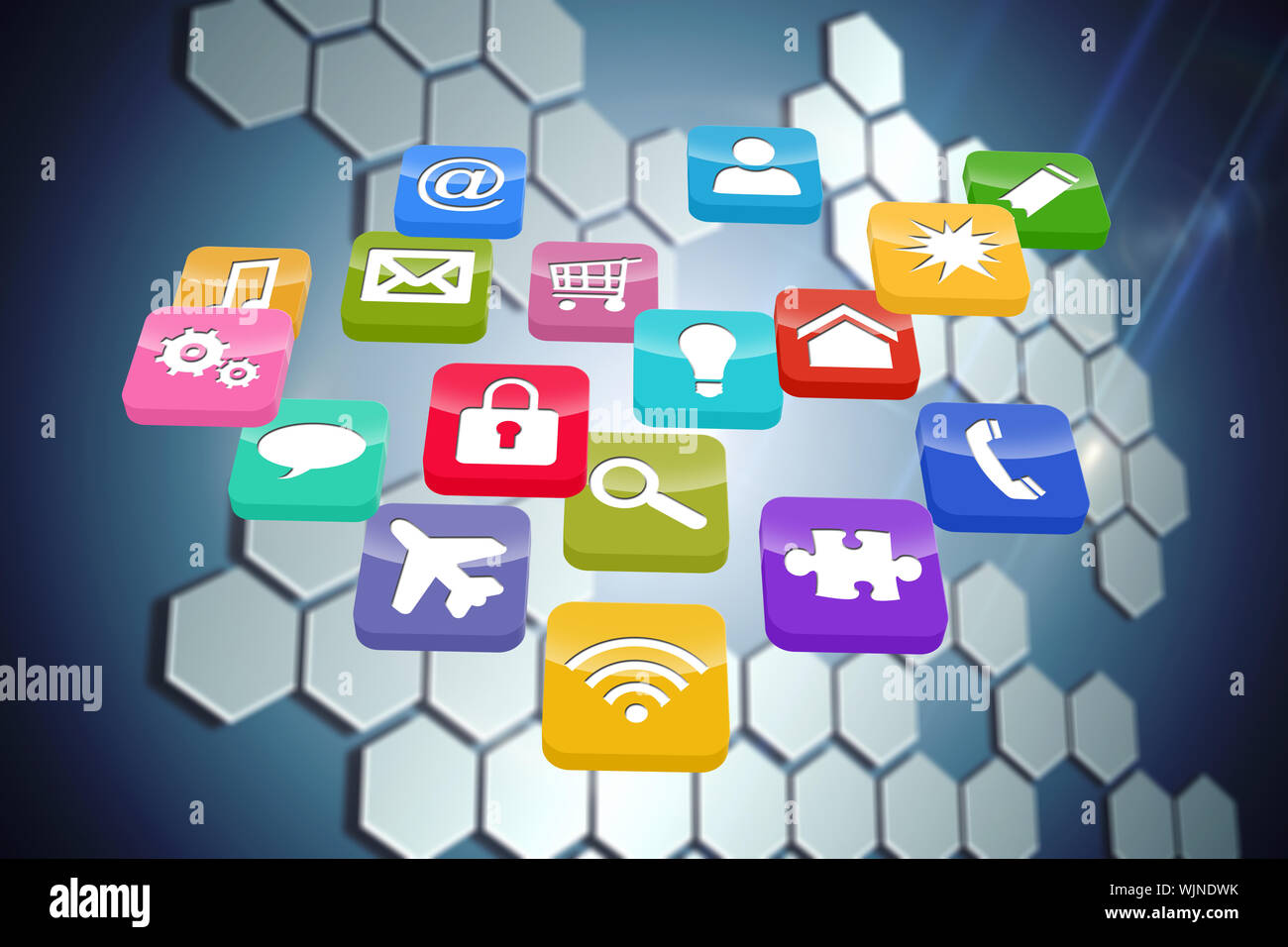 Colourful computer applications against hexagon pattern on technical background with binary code ...