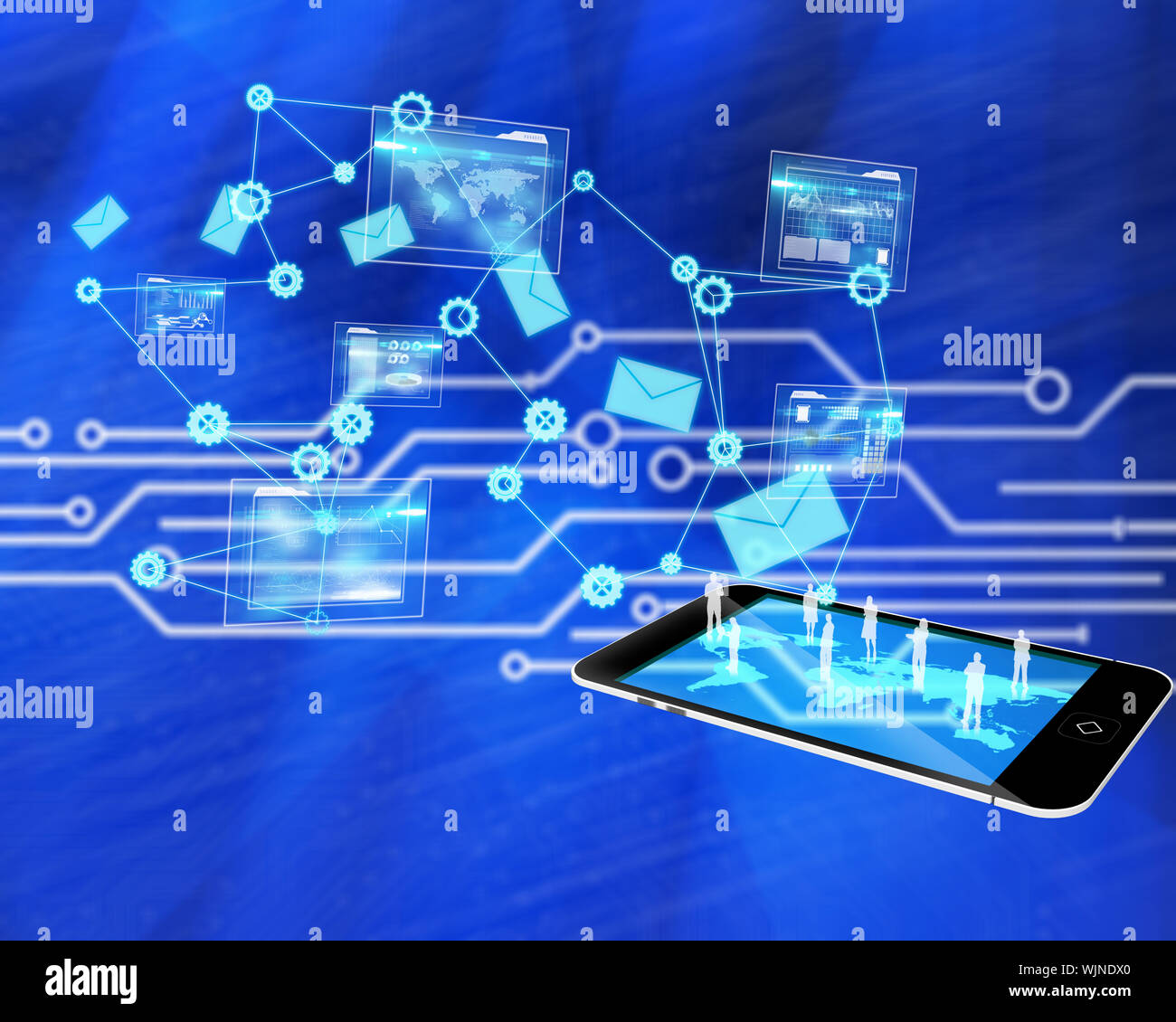 Data analysis interface background against white circuit board on blue ...