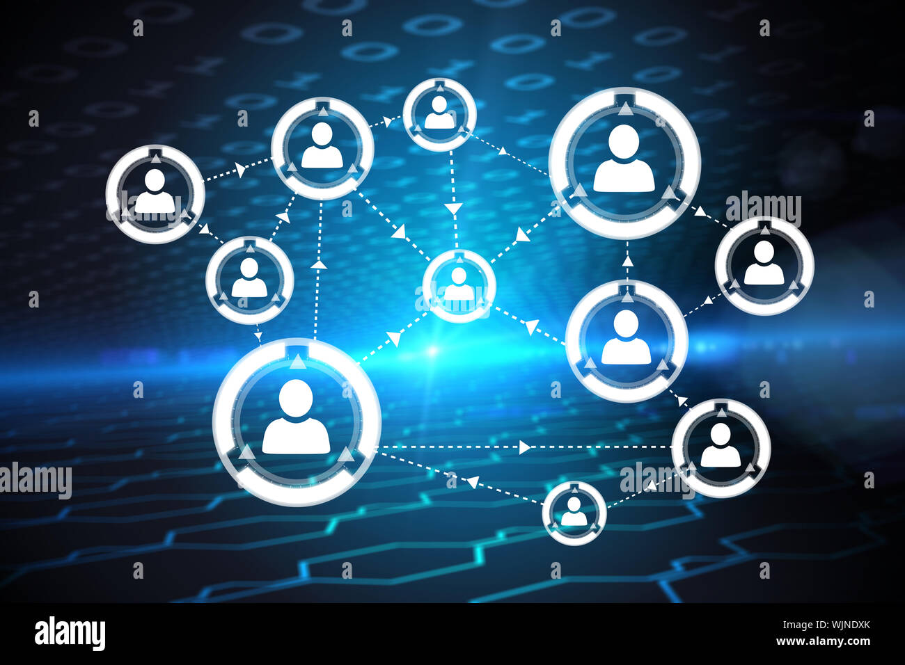 Community interface against hexagon pattern on technical background with binary code Stock Photo ...