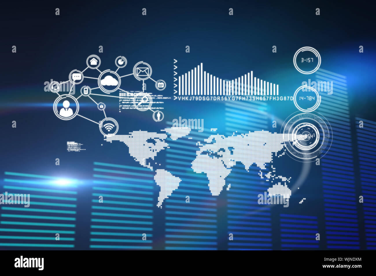 Technology interface against glowing blue bar chart on black background ...
