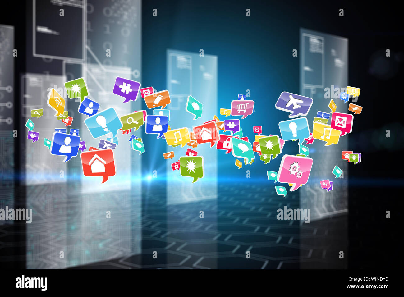 Colourful computer applications against hologram on black background with hexagon pattern Stock ...