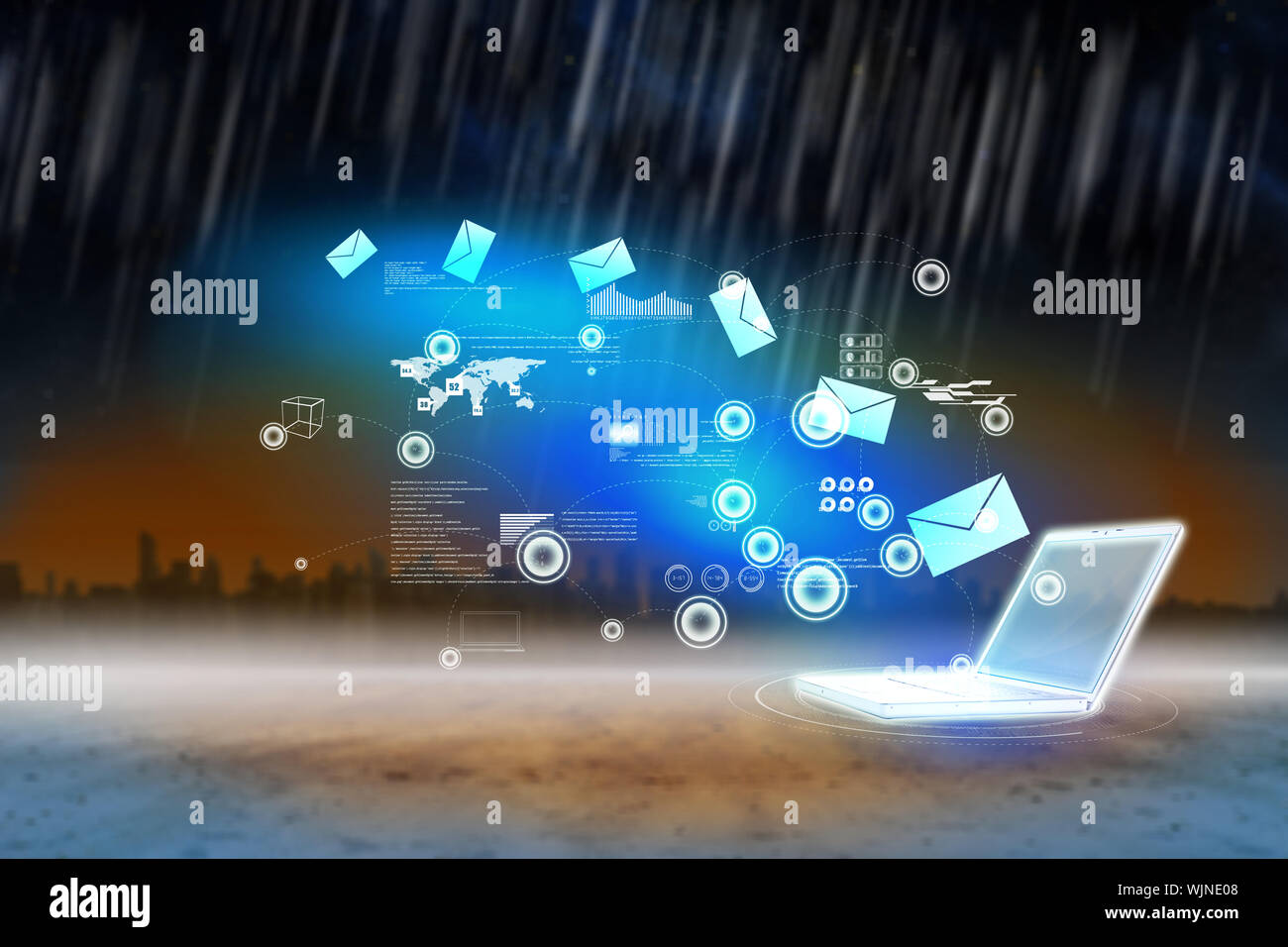 Email communication background against cityscape on the horizon Stock ...