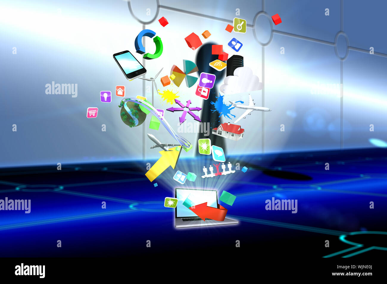 Computer applications against keyhole on technological black background ...
