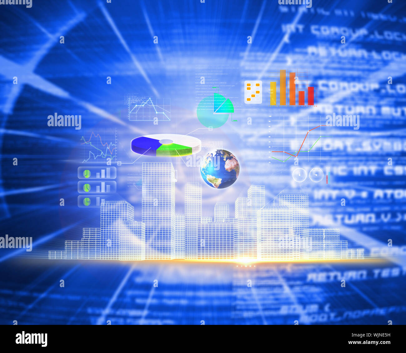 Global technology background against blue background with coding Stock ...
