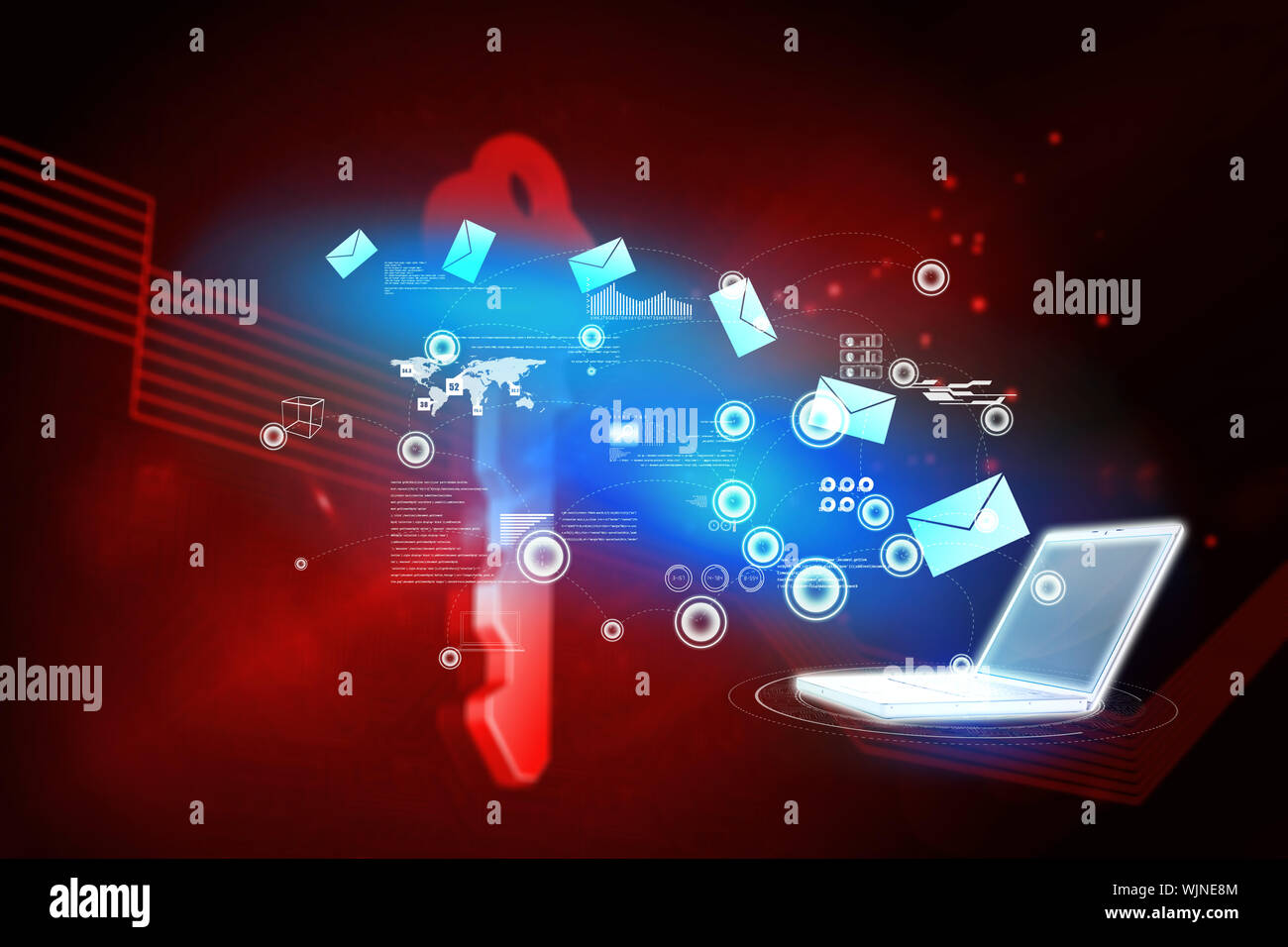 Email communication background against shiny red key on black ...