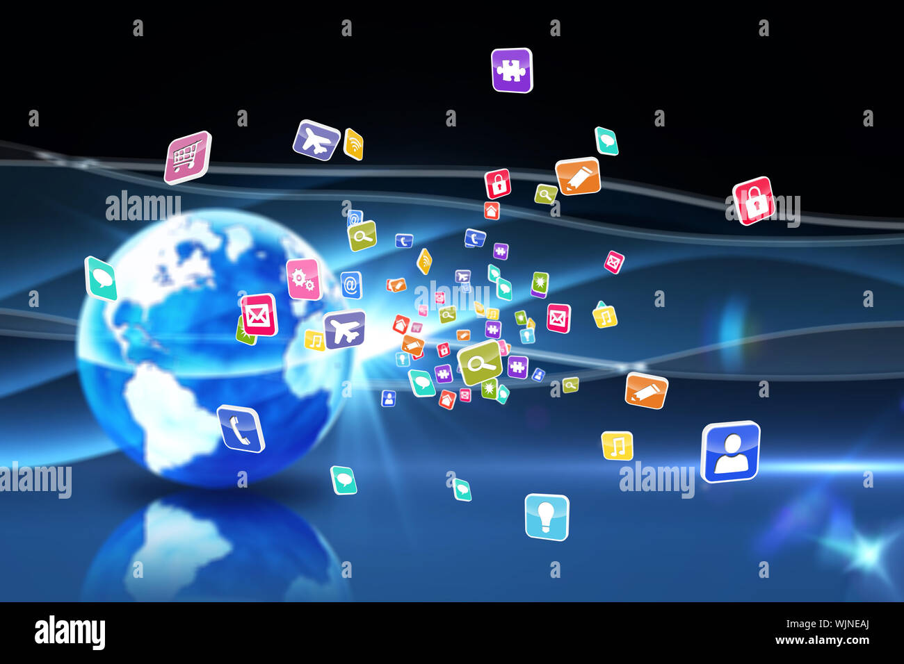 Colourful computer applications against digital earth background Stock ...