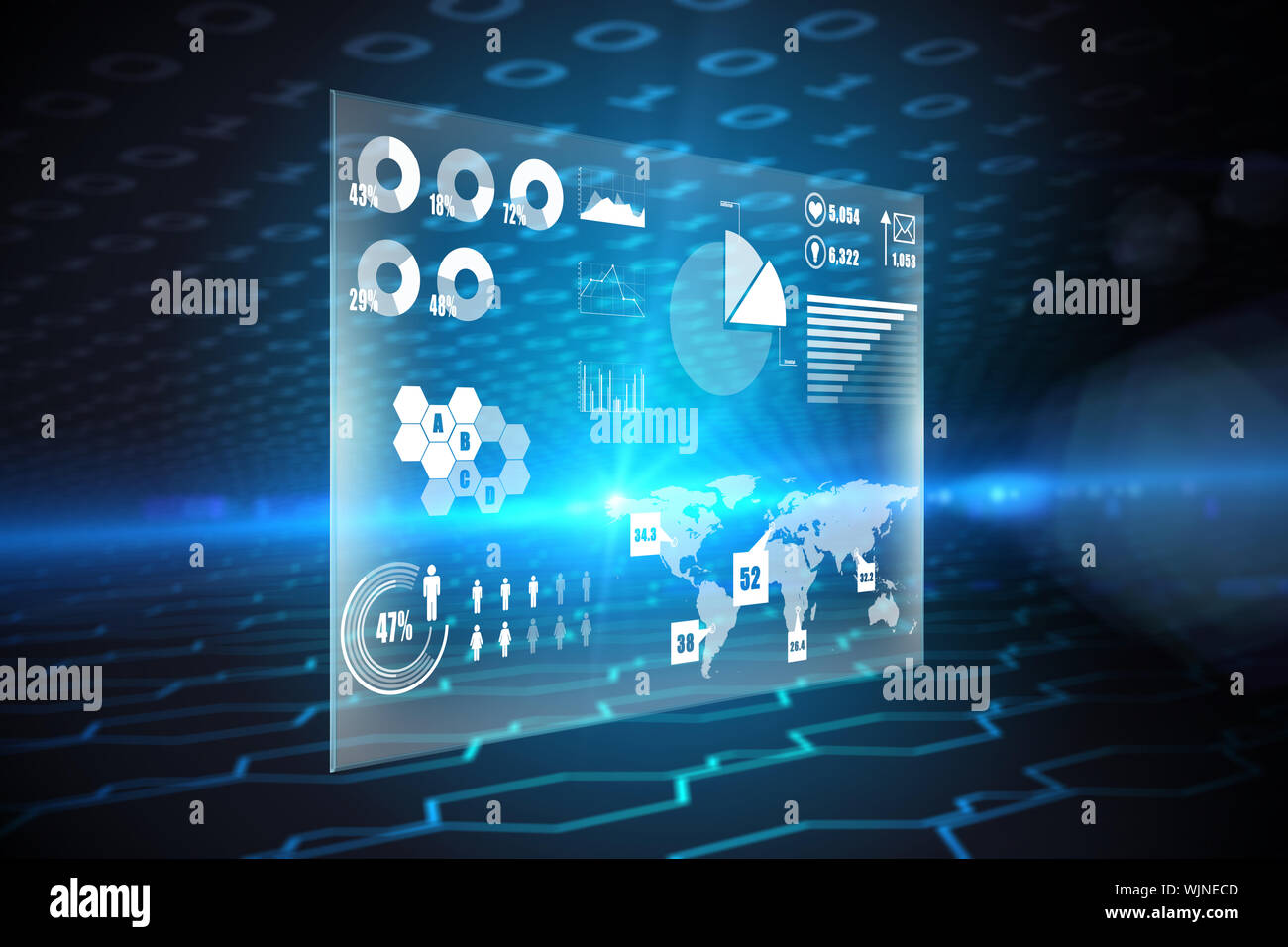 Abstract Technology Interface Against Hexagon Pattern On Technical Background With Binary Code