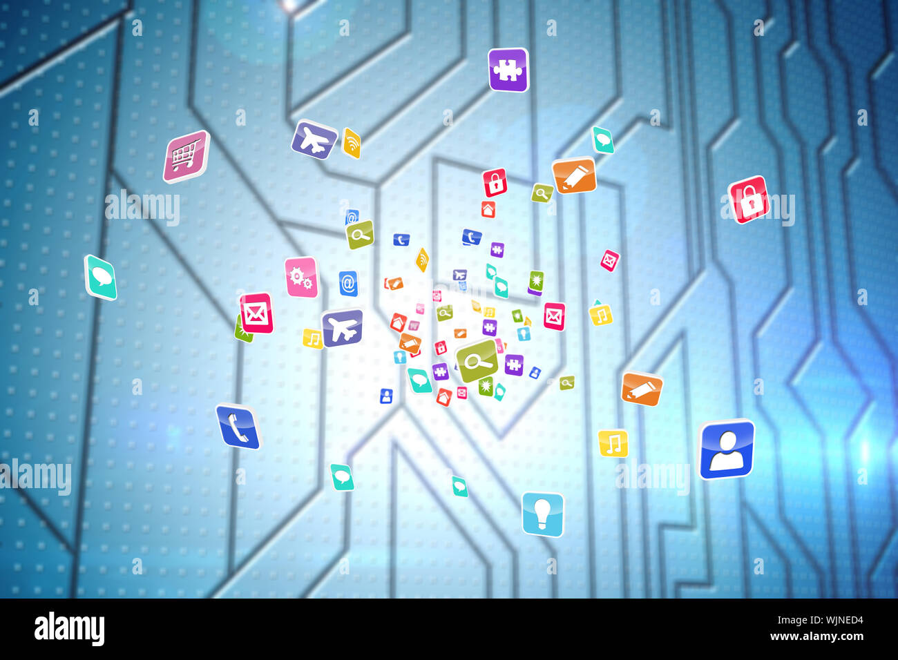 Colourful computer applications against circuit board on futuristic ...