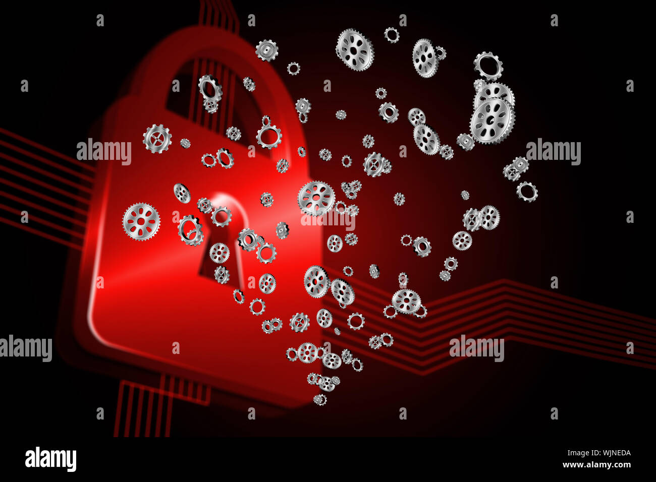 Silver cogs and wheels against shiny red lock on black background Stock ...