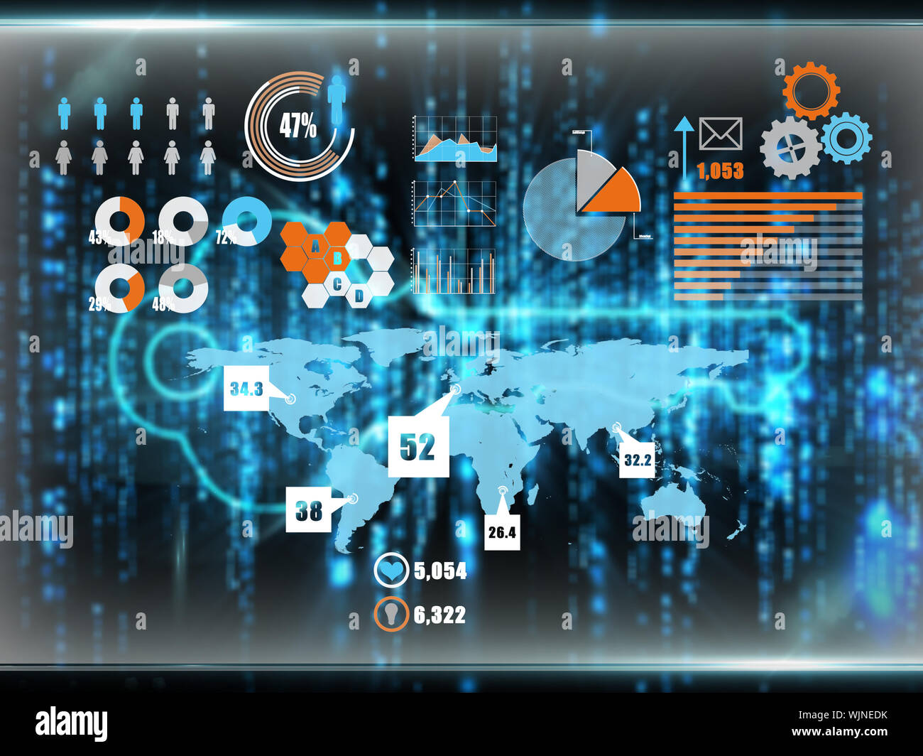 Business interface against glowing blue key on black background Stock ...