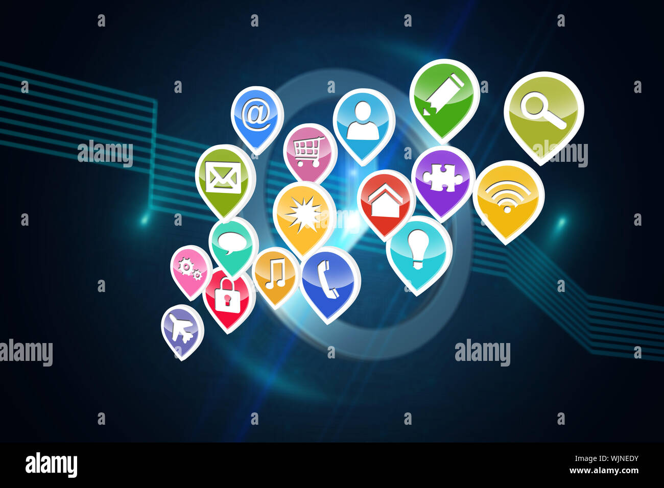 Colourful computer applications against clock on technical background ...