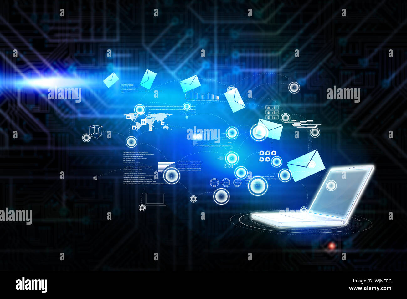 Email communication background against futuristic black and blue ...