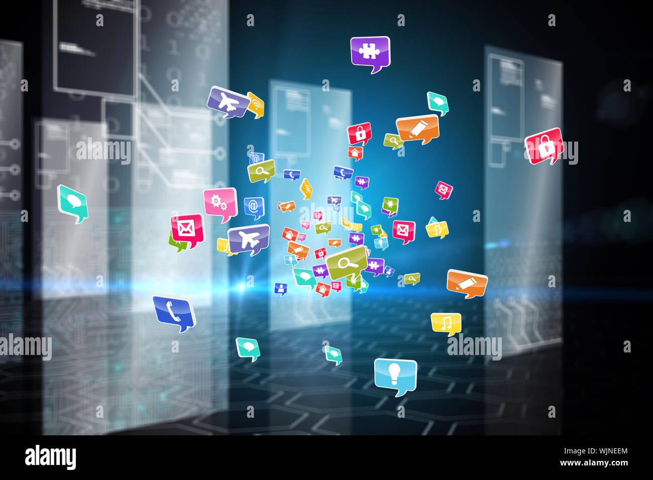 Colourful computer applications against hologram on black background with hexagon pattern Stock ...